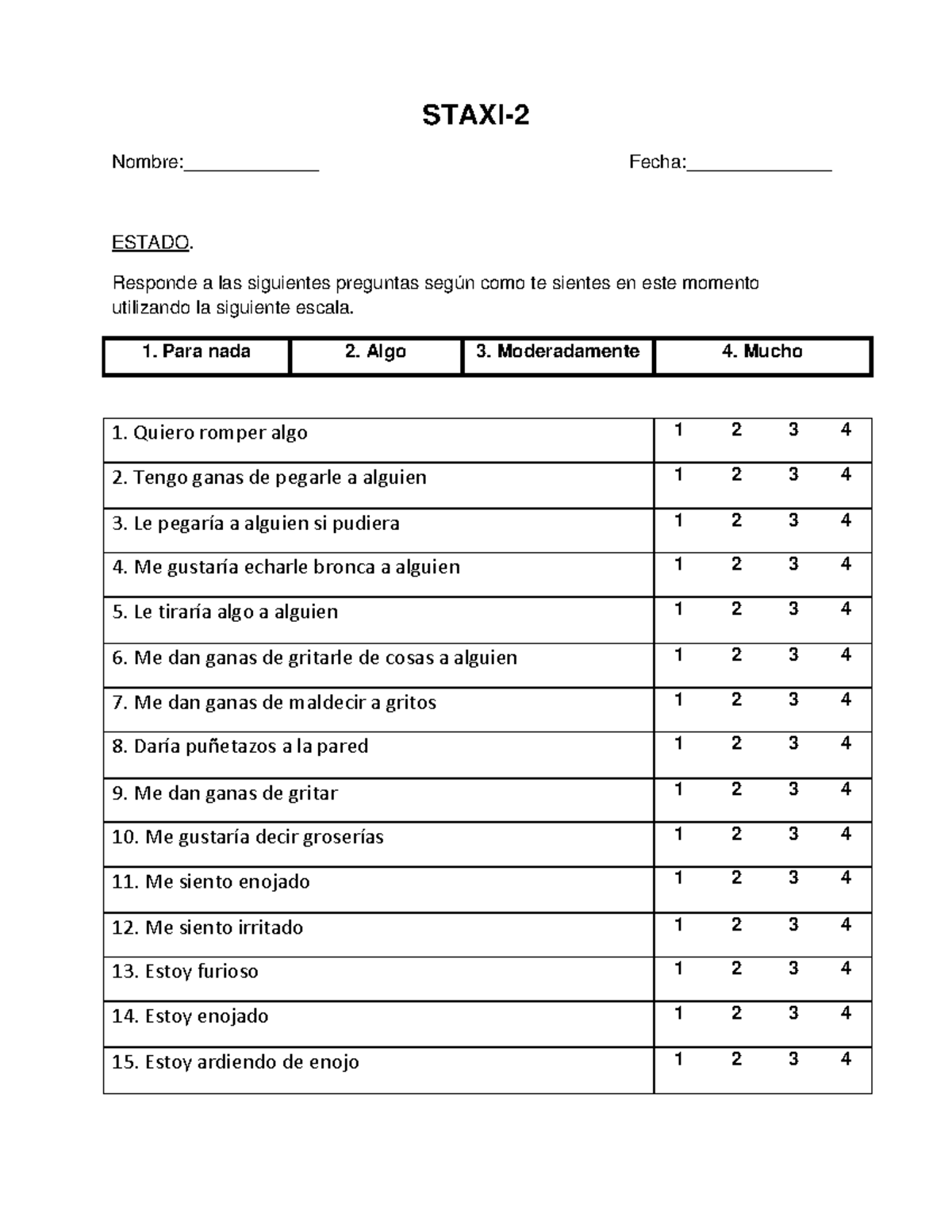 Staxi-2 - Instrumento estrés - Nombre:_____________ Fecha ...