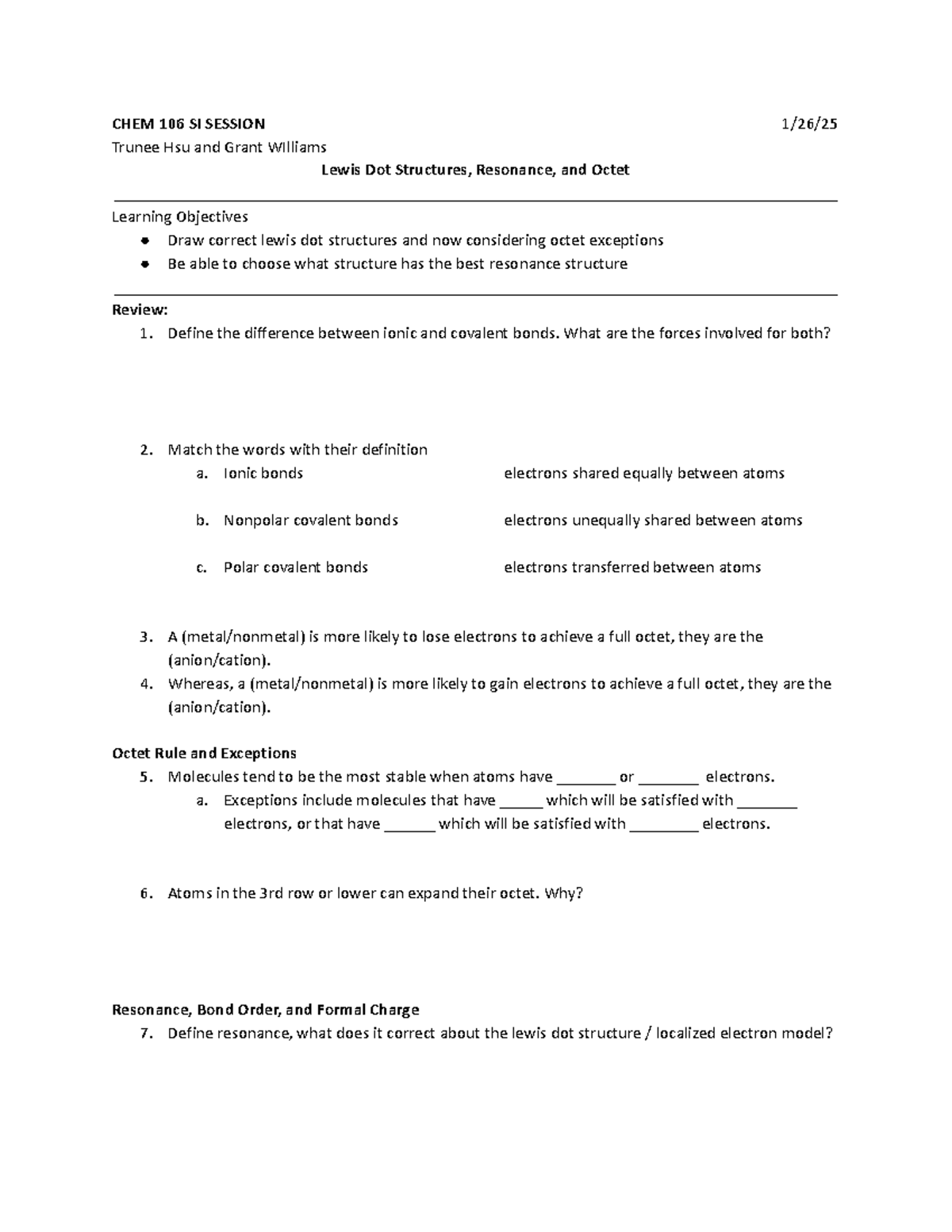 CHEM 106 SI SESSION: Lewis Dot Structures, Resonance & Octet Rules ...
