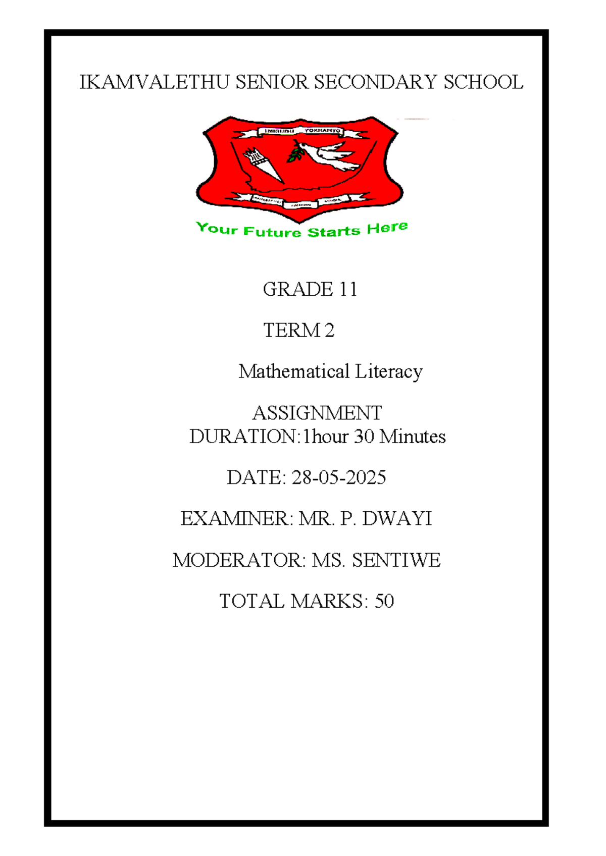 Grade 11 Term 2 Mathematical Literacy Assignment Cover Page - Studocu