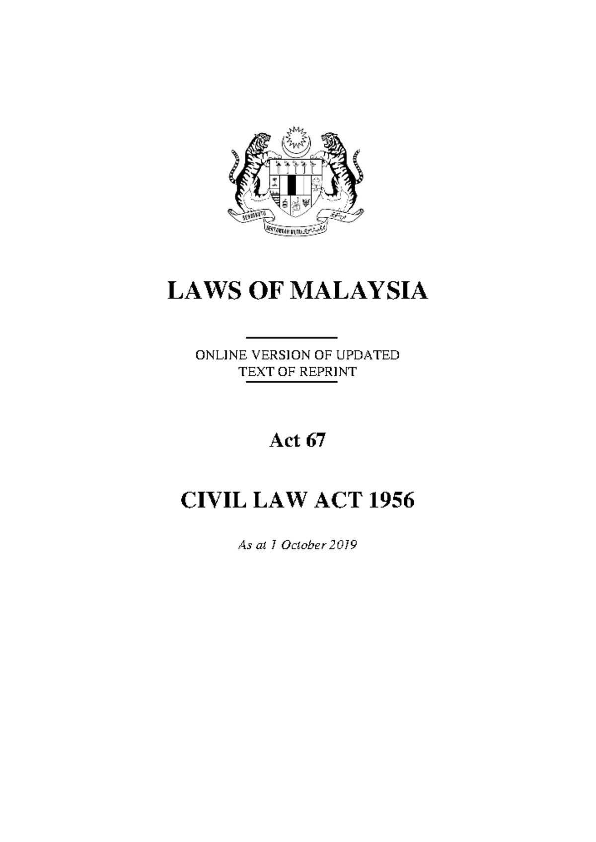 Civil Law Act 1956 (Act 67) - Updated Text as of Oct 2019 - Studocu