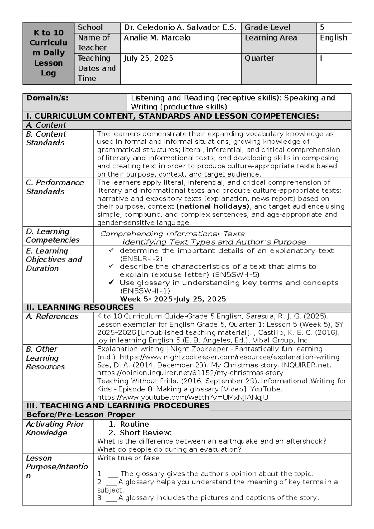 Grade 5 English Lesson Plan: July 25, 2025 - Quarter 1 - Studocu