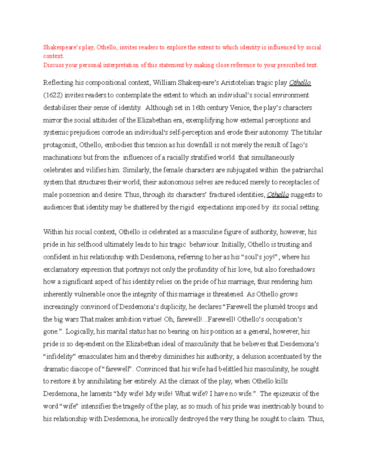 Othello Essay: Identity and Social Context in Shakespeare's Tragedy ...