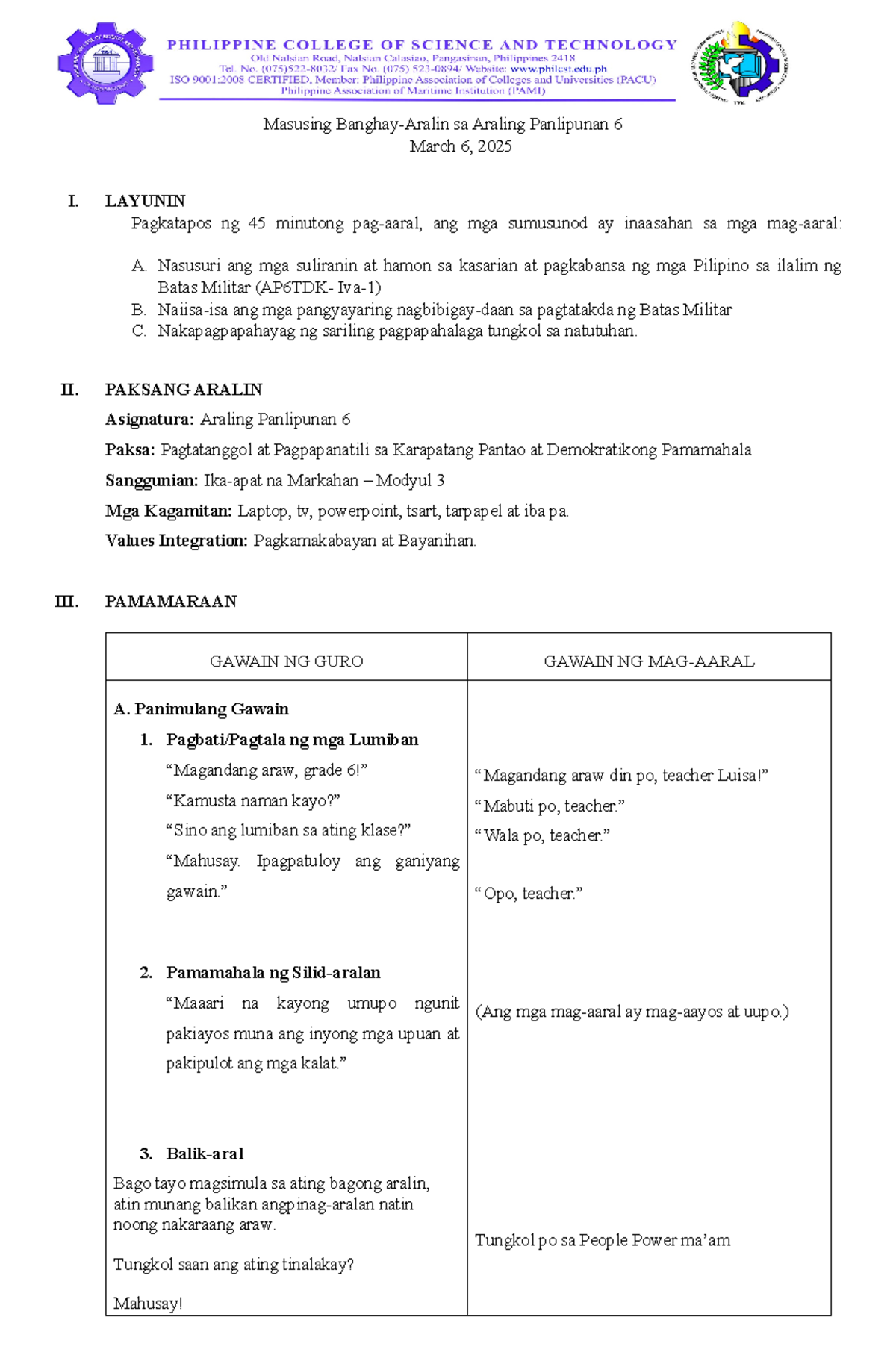 ARAL PAN LP - Sample Lesson Plan for Grade 6: Pagtatanggol ng ...