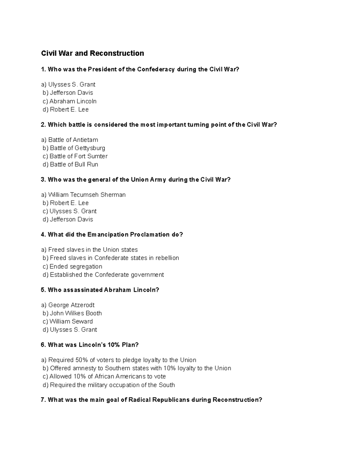 Civil War and Reconstruction practice test (HIST 101) - Studocu