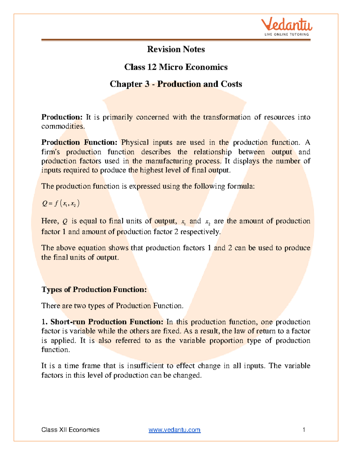 Class 12 Micro Economics Chapter 3: Production and Costs Notes - Studocu