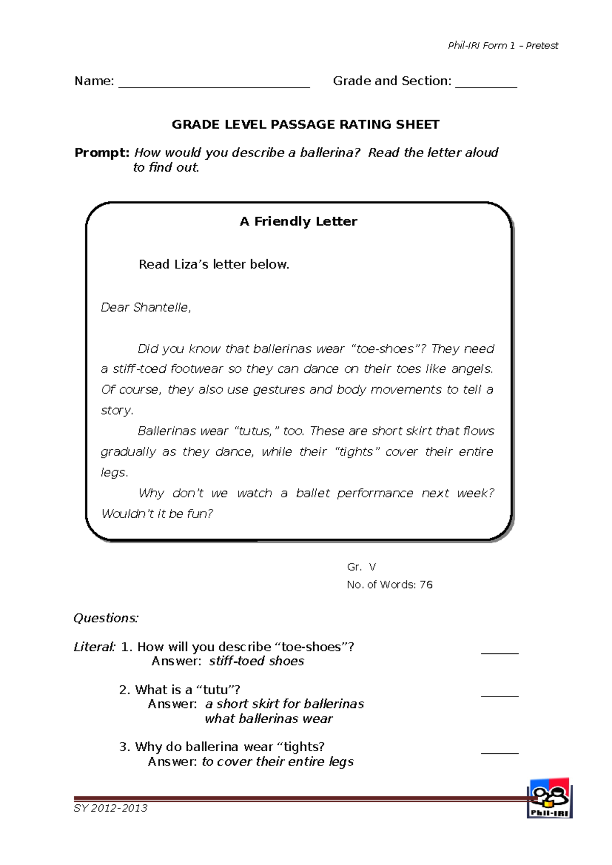 Grade 5 SY: A Friendly Letter Pretest on Ballerinas - Studocu