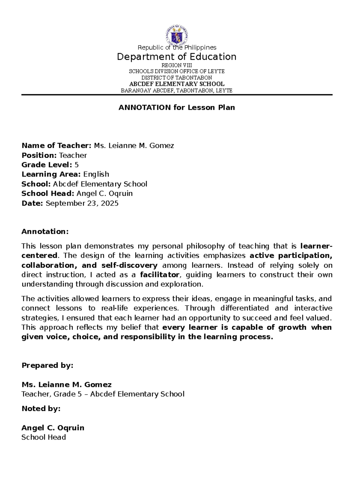 Obj 13 Annotations for Teachers - Grade 5 English Lesson Plan - Studocu