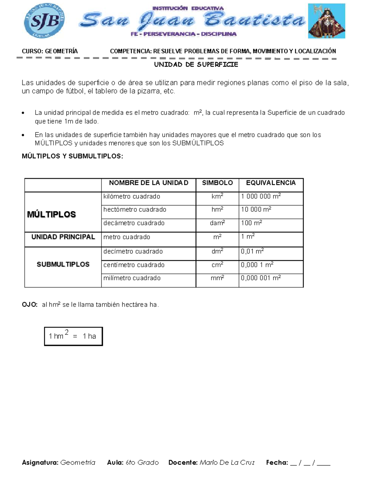 Geometría 6to Grado: Unidades de Superficie y Medición - Studocu