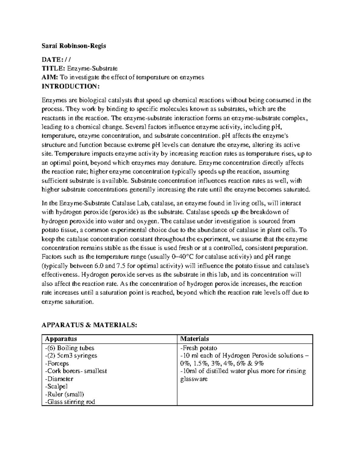 Catalase Lab - Investigating Temperature Effects on Enzyme Activity ...