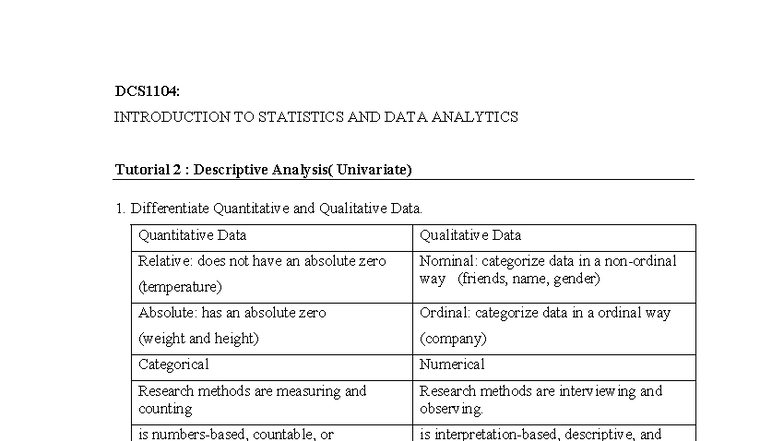 DCS1104: Statistics & Data Analytics Tutorial 2 - Descriptive Analysis ...