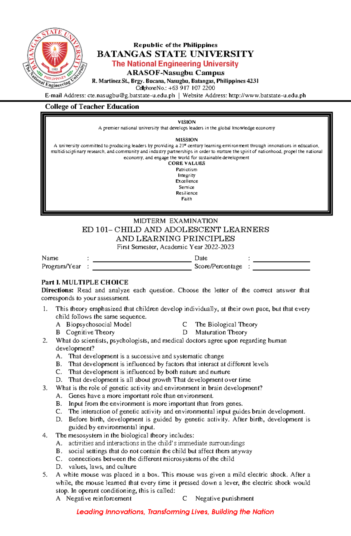 ED 101 Midterm Exam: Child and Adolescent Learners Insights - Studocu