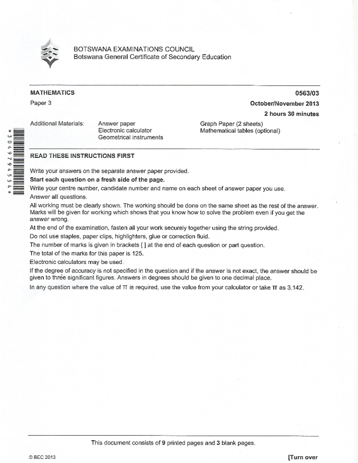 2013 BEC GCE Secondary Education MATHEMATICS Paper 3 Revision Guide ...
