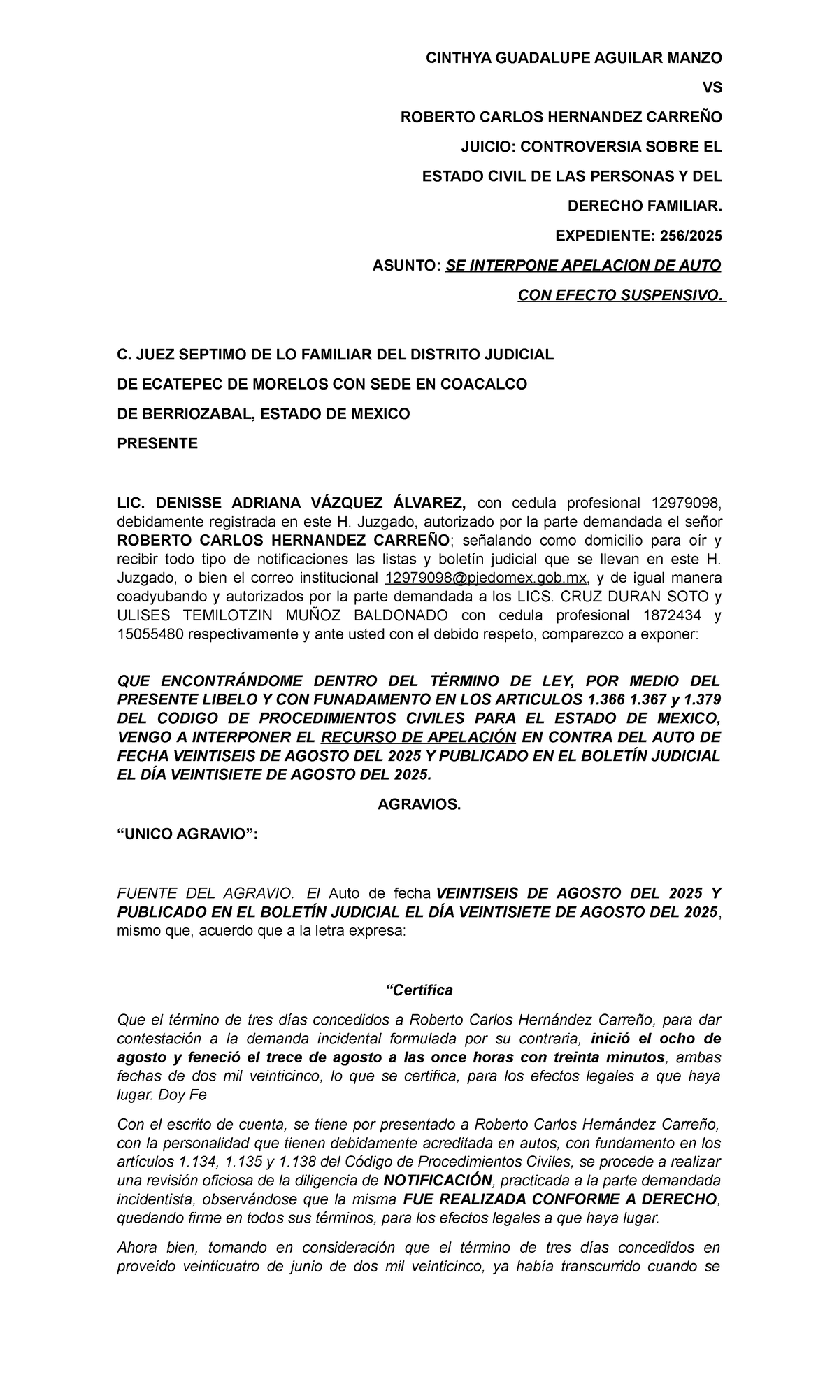 CINTHYA GUADALUPE AGUILAR MANZO VS ROBERTO CARLOS HERNANDEZ: APELACIÓN ...