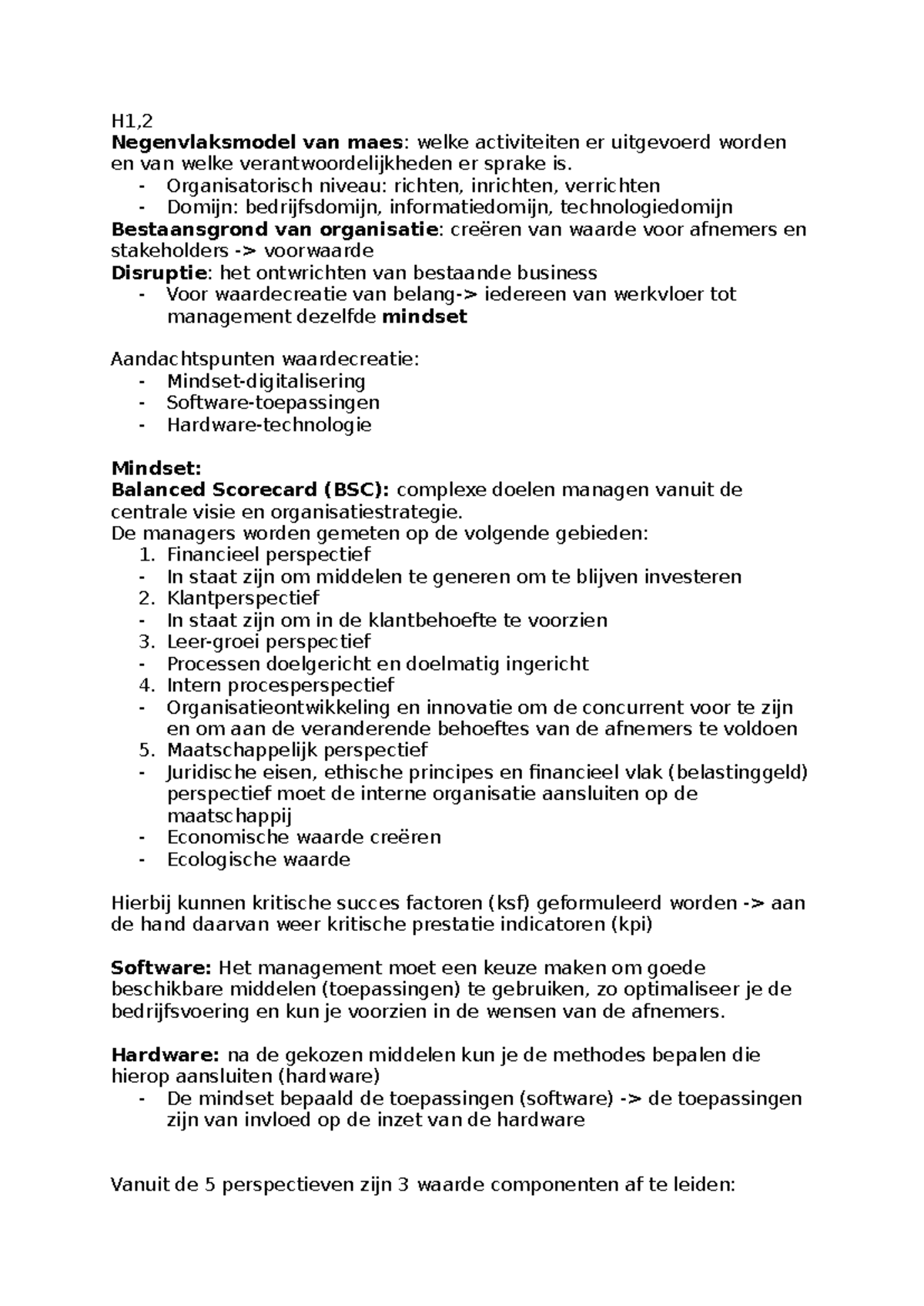 Samenvatting Toets 1: H1,2 Negenvlaksmodel en Waardecreatie in ...