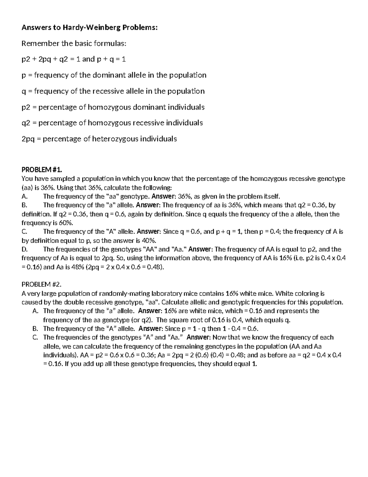 Hardy-Weinberg Problem Set Answers: Detailed Solutions and Explanations ...