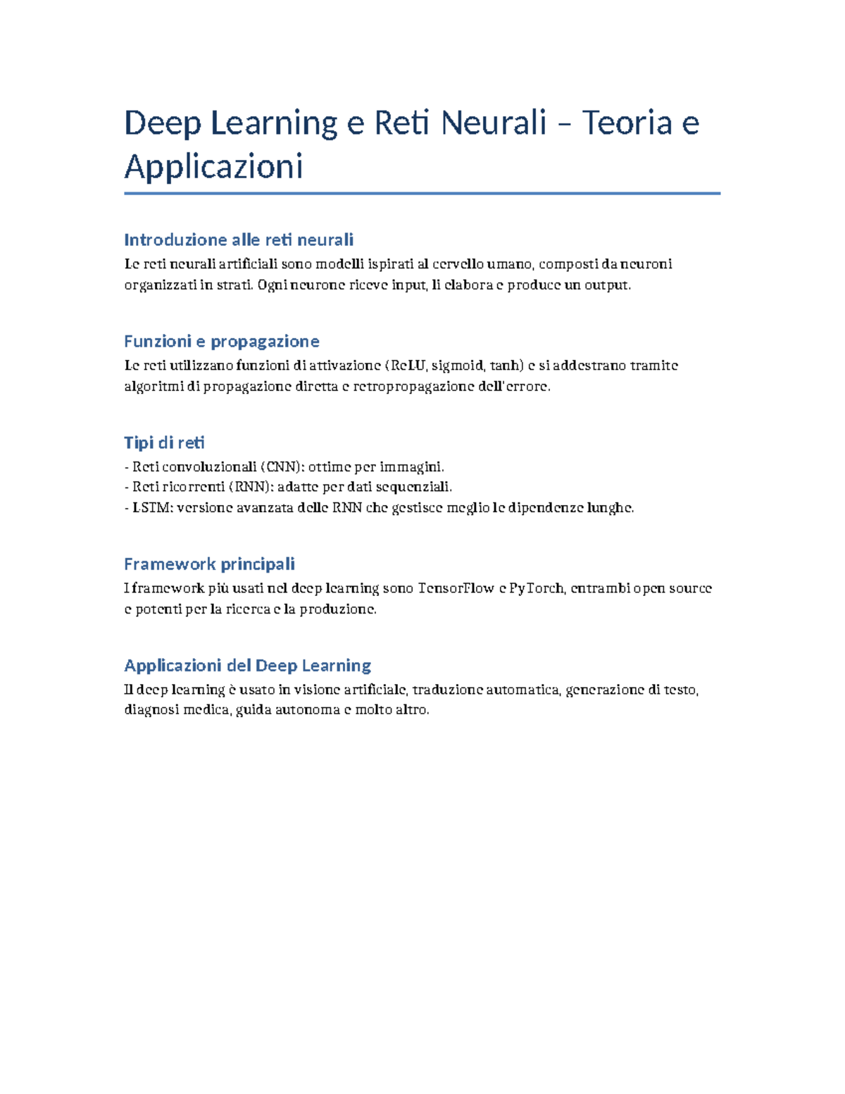 Deep Learning e Reti Neurali: Teoria e Applicazioni - Studocu