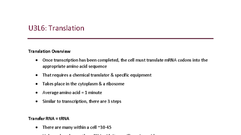 U3L6: Overview of Translation Process in Cells - Studocu