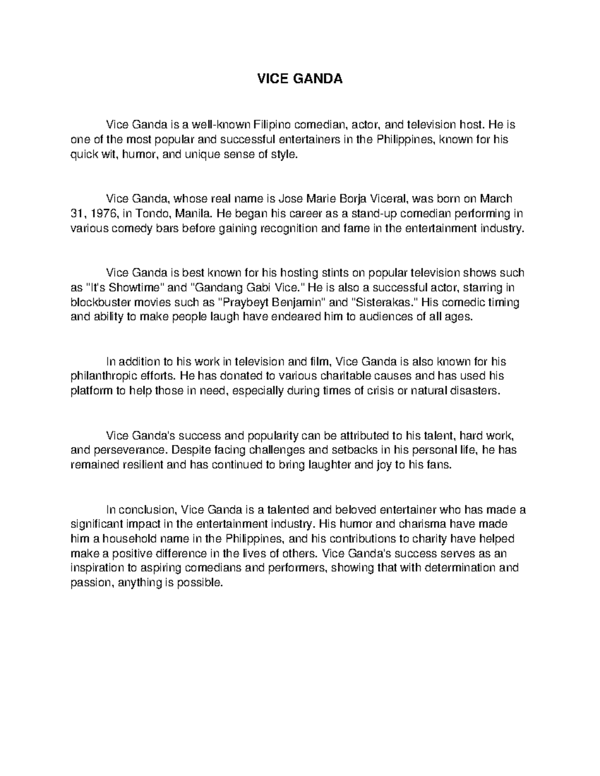 VICE Ganda: A Profile of the Filipino Comedian and Philanthropist - Studocu
