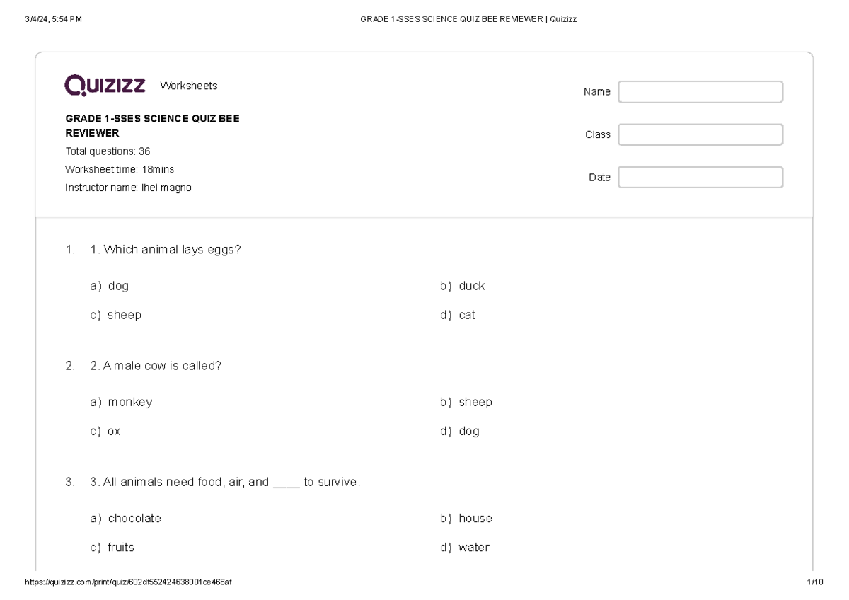 Grade 1-SSES Science Quiz Bee Reviewer for Quizizz - Studocu