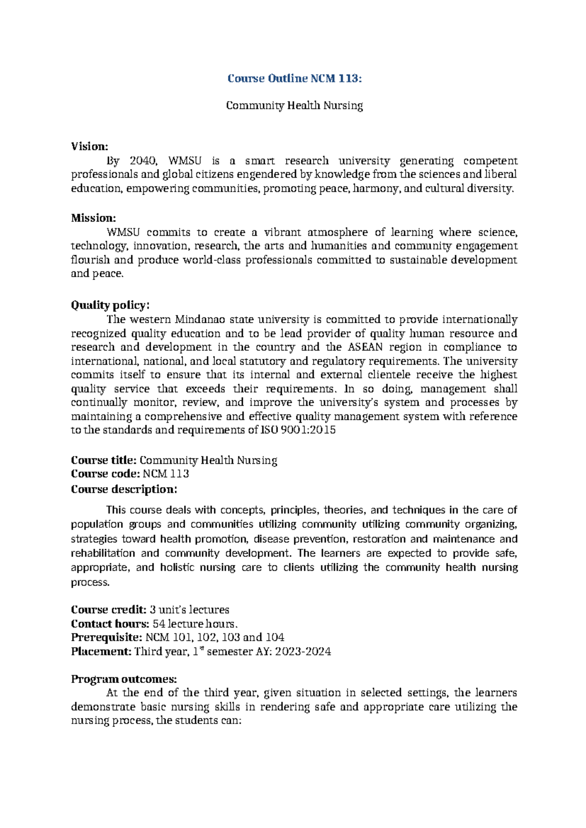 BSN 3 NCM 113 Community Health Nursing Course Outline (Final Exam ...
