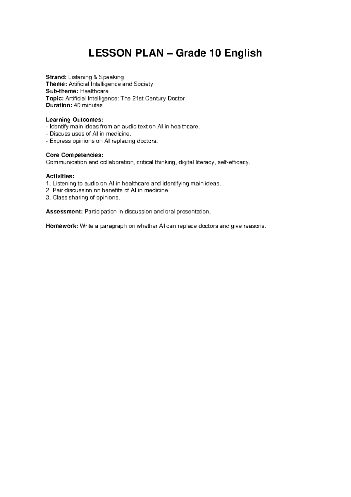 Grade 10 English Lesson Plan: AI in Healthcare Discussion - Studocu