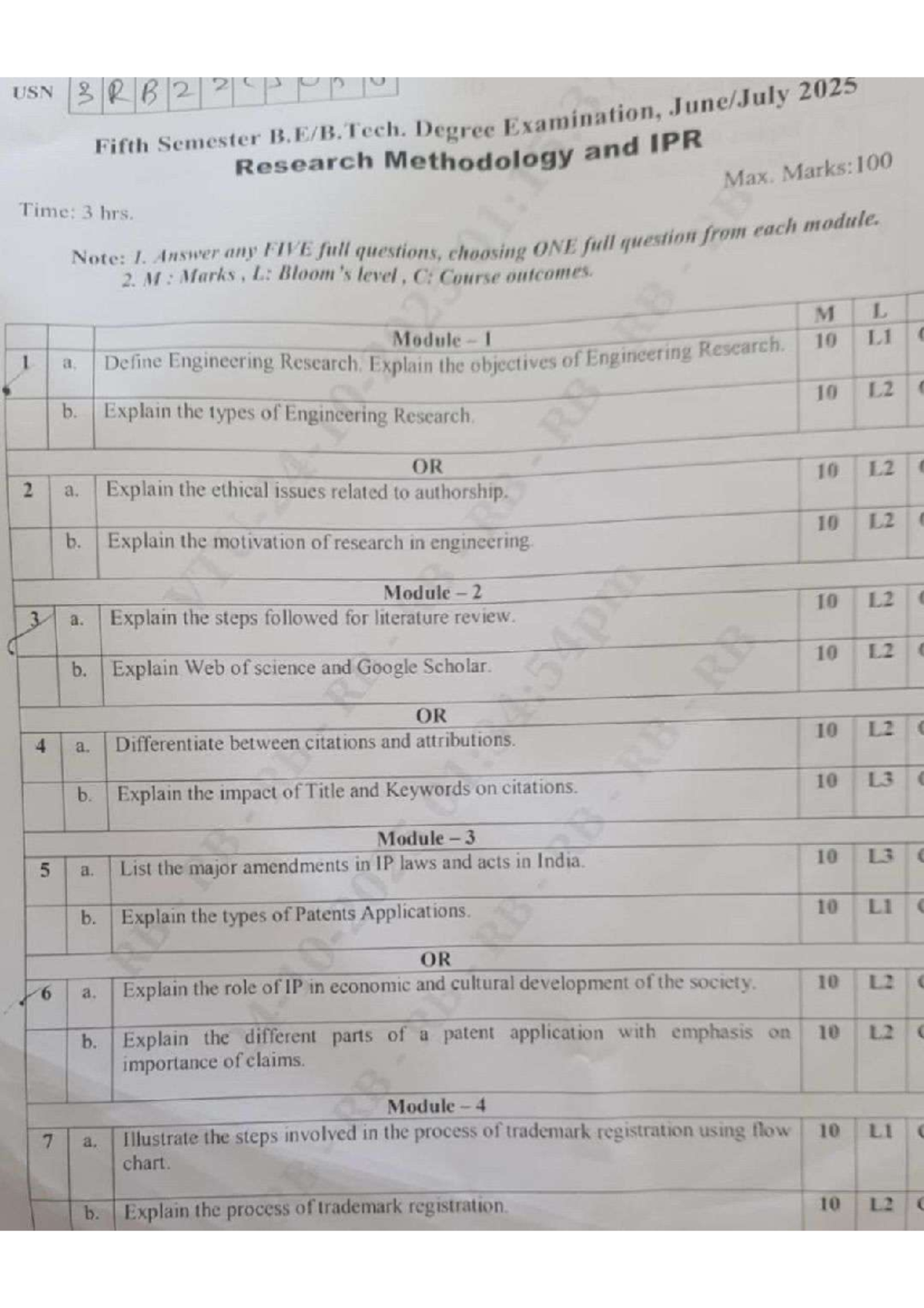 USN BRMK557 Fifth Semester Exam 2025: Research Methodology & IPR - Studocu