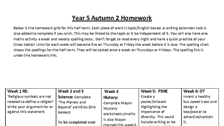 Year 5 Autumn 2 Homework Grid & Writing Extensions - Studocu