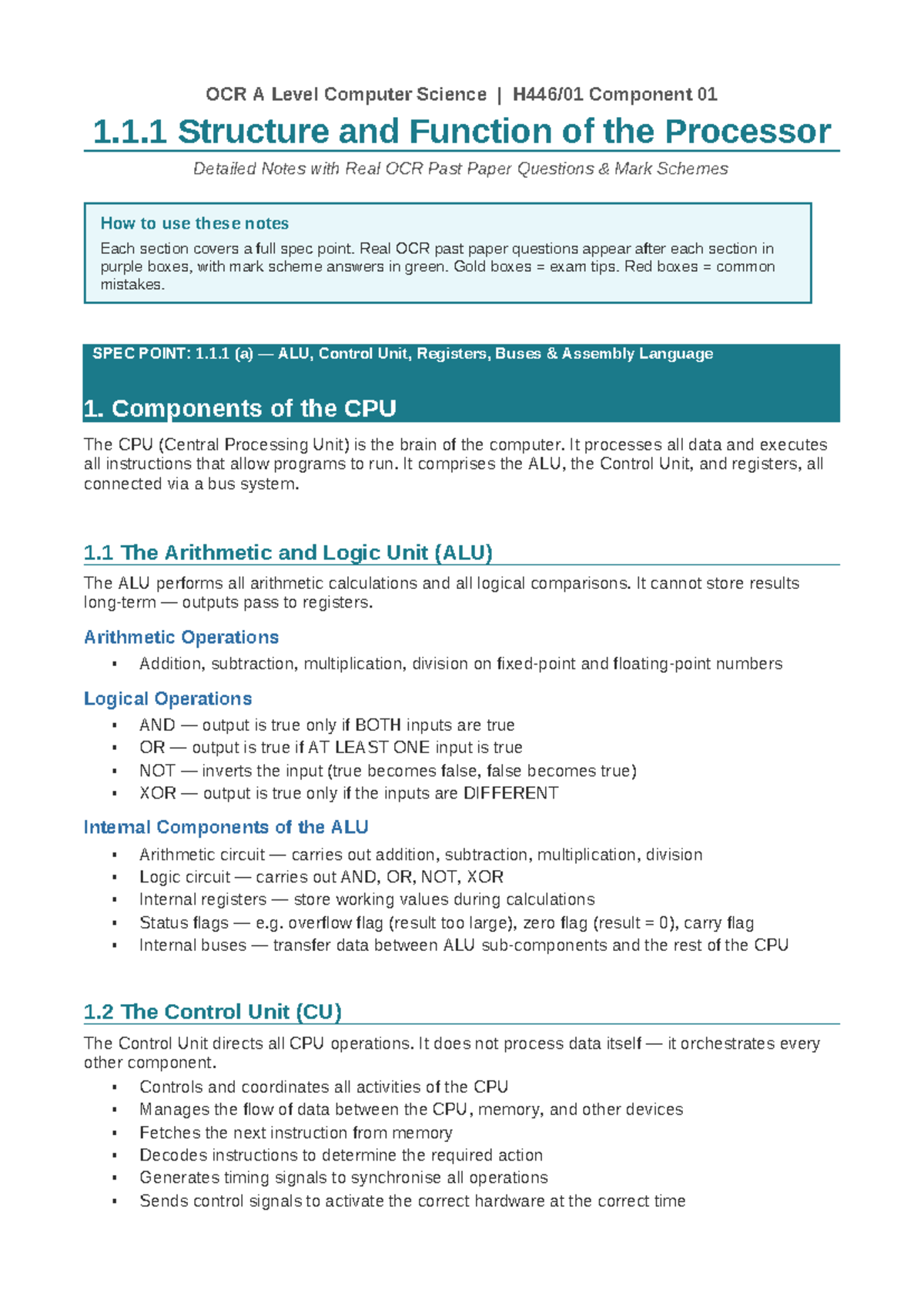 OCR A Level Computer Science Component 01: Processor Structure ...