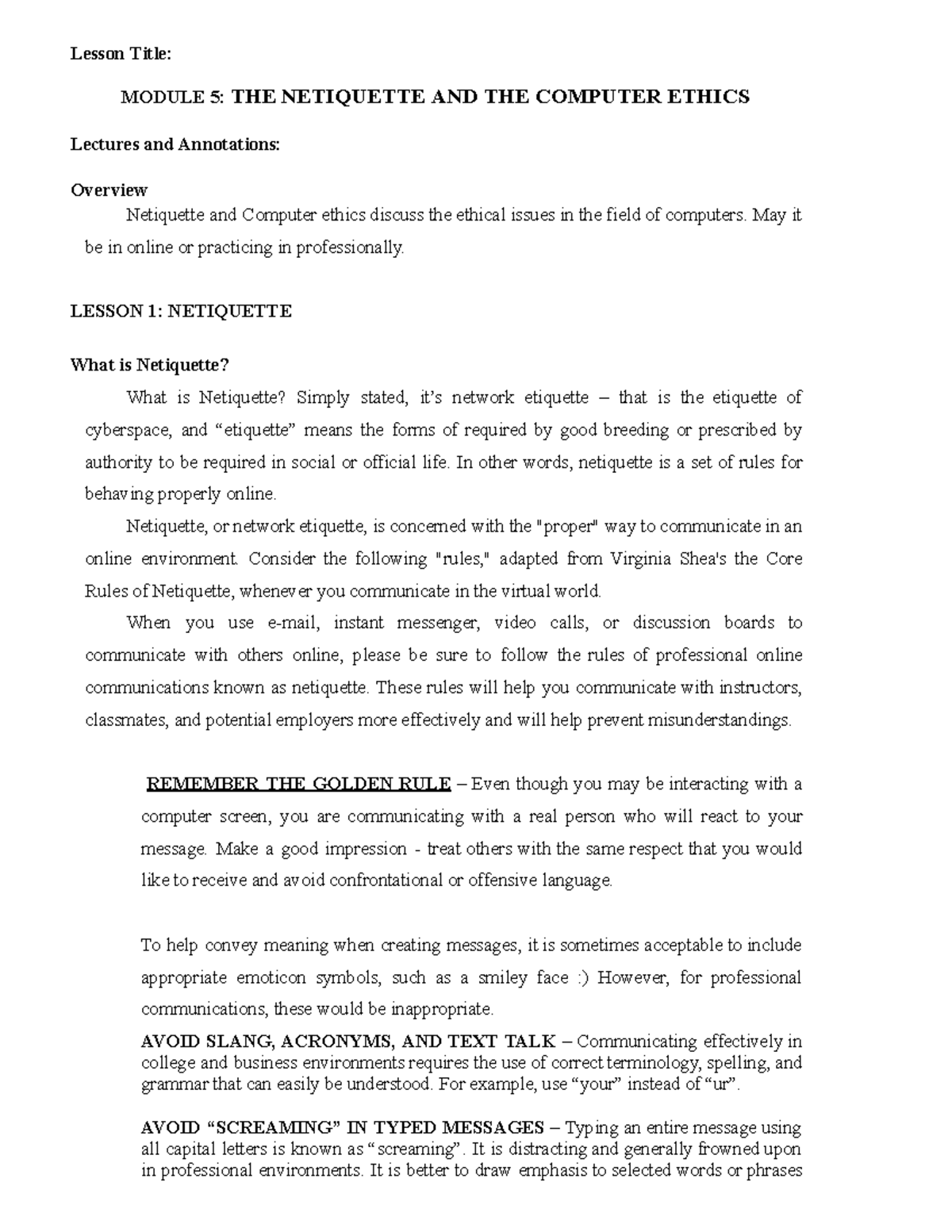 Lesson 5: Netiquette and Computer Ethics – Essential Guidelines - Studocu