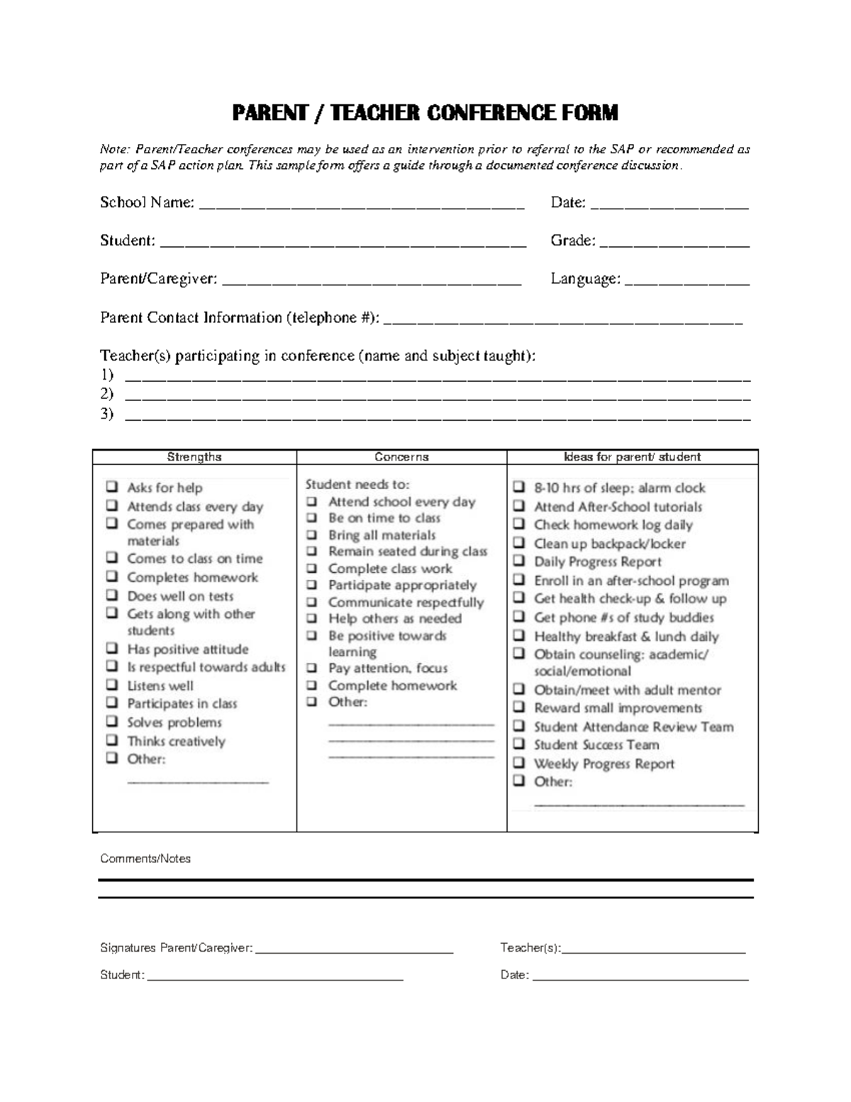 Assessment-aasignemnt - PARENT / TEACHER CONFERENCE FORM Note: Parent ...