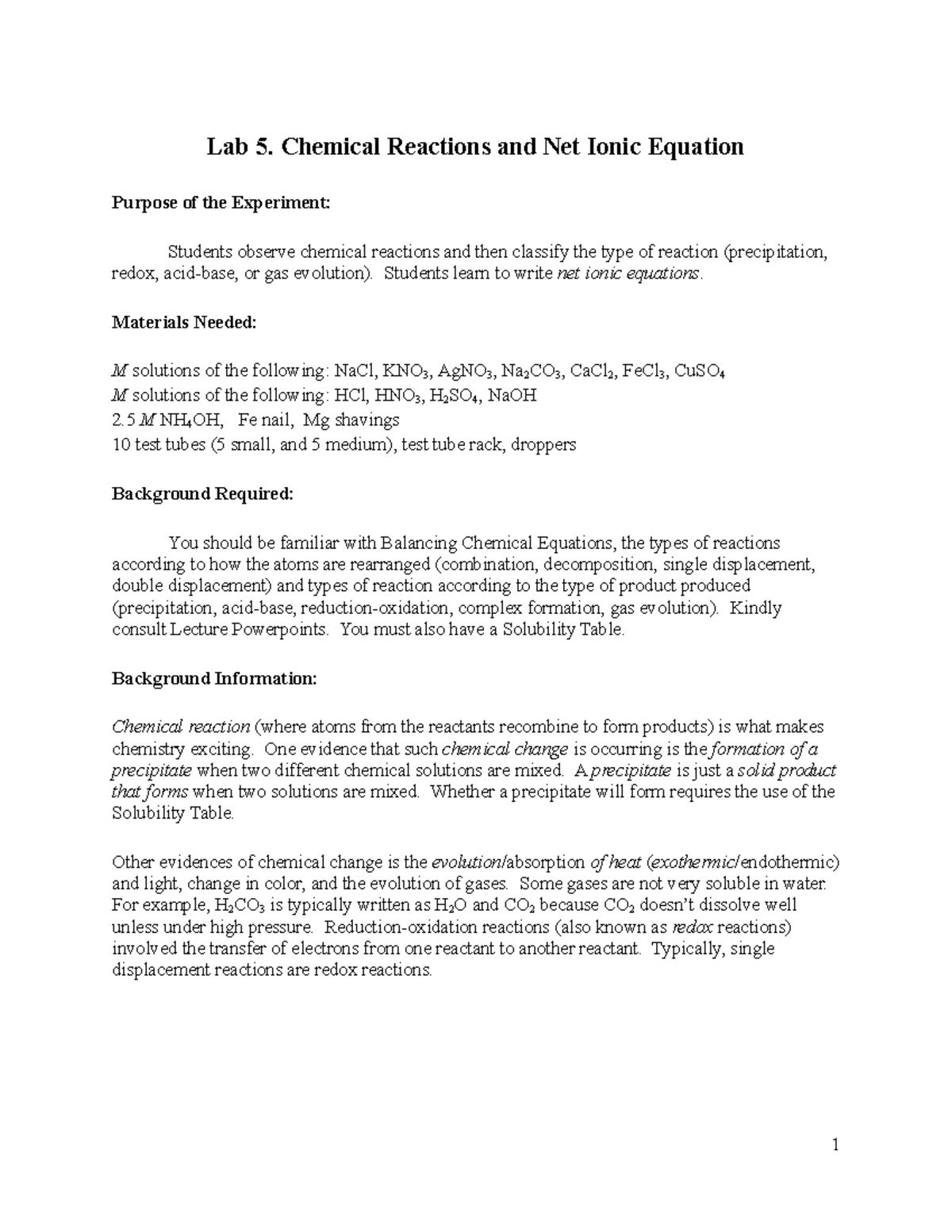 Lab 5: Observing Chemical Reactions & Writing Net Ionic Equations - Studocu