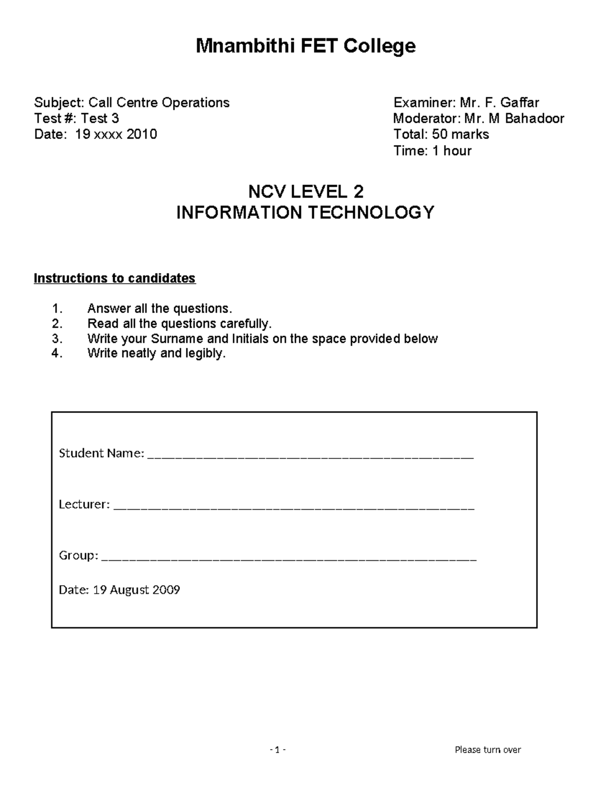 Test 3 - Call Centre Operations (10021003) - NCV Level 2 - Studocu