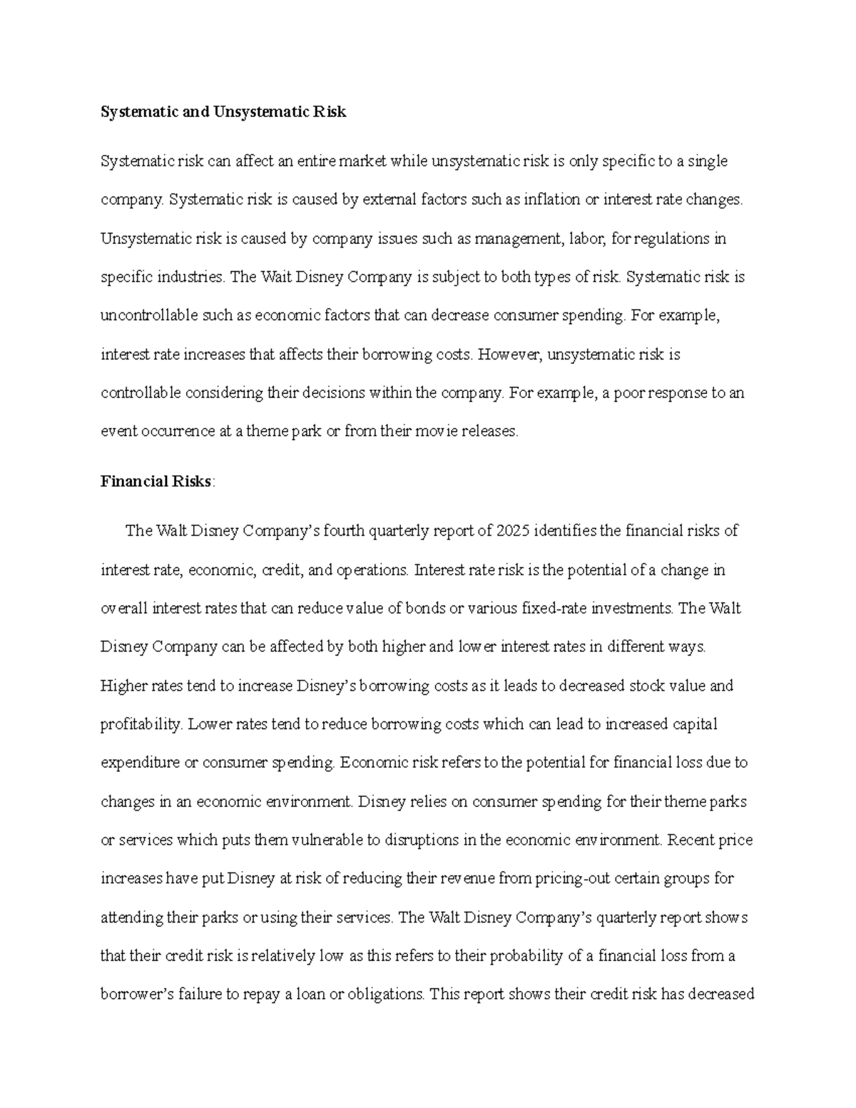 FIN-320 Case Study: Systematic vs. Unsystematic Risk in Disney's Q4 ...