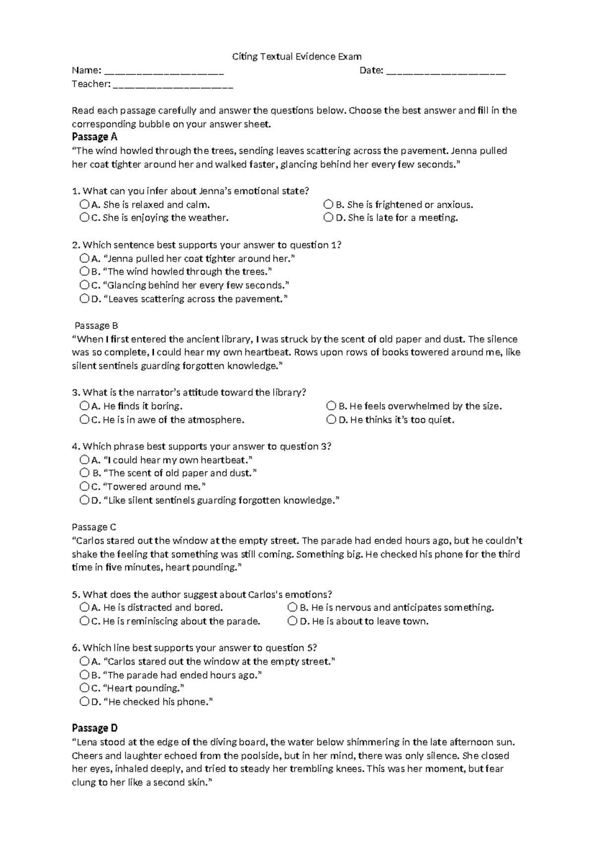 Citing Textual Evidence Exam Grade 8: Analyzing Passages and Emotions ...