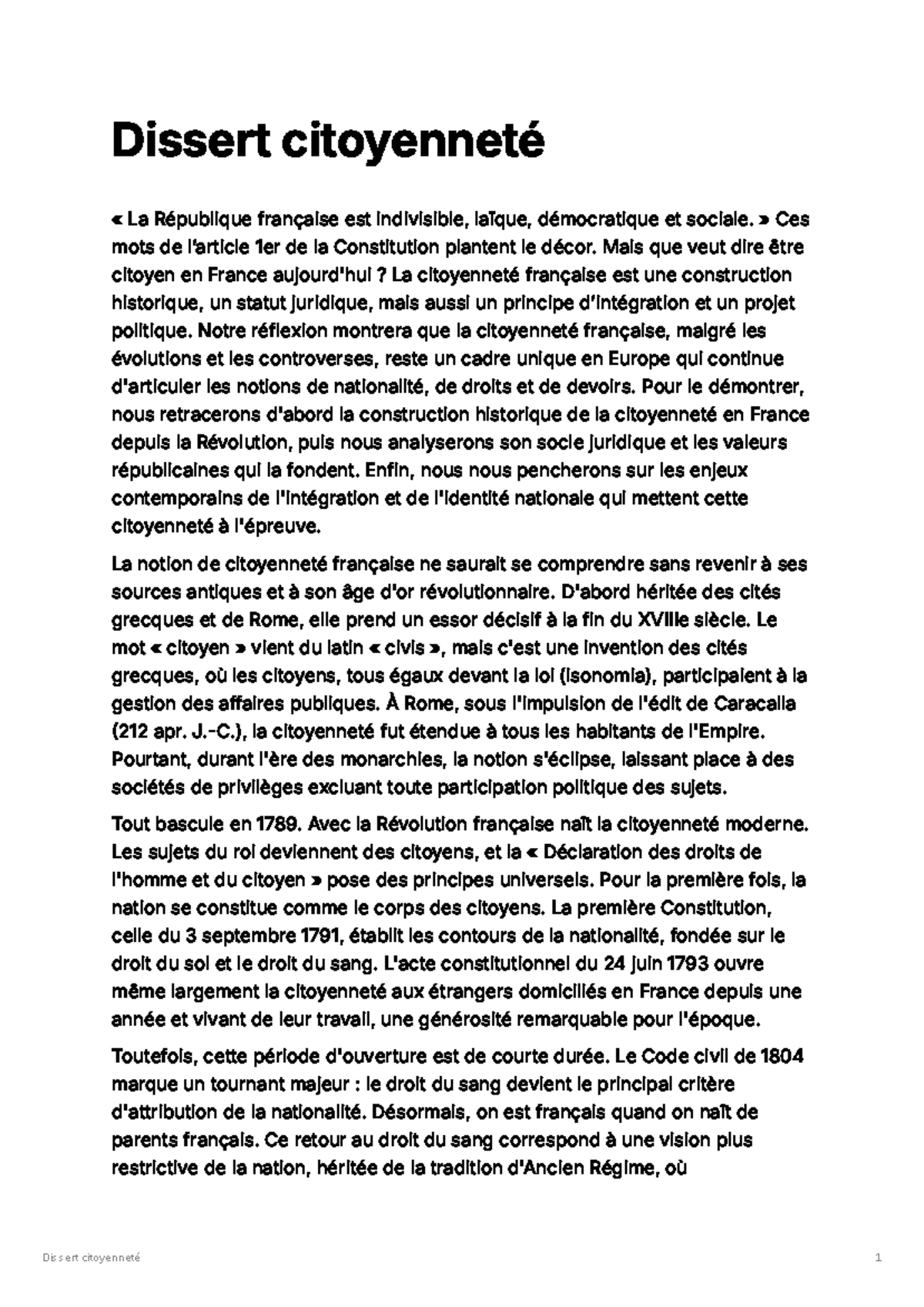 Dissertation sur la Citoyenneté en France : Histoire et Enjeux ...