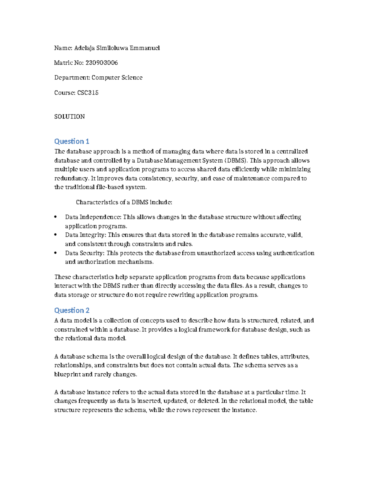 CSC315 Final Exam Solutions: Database Management Concepts - Studocu