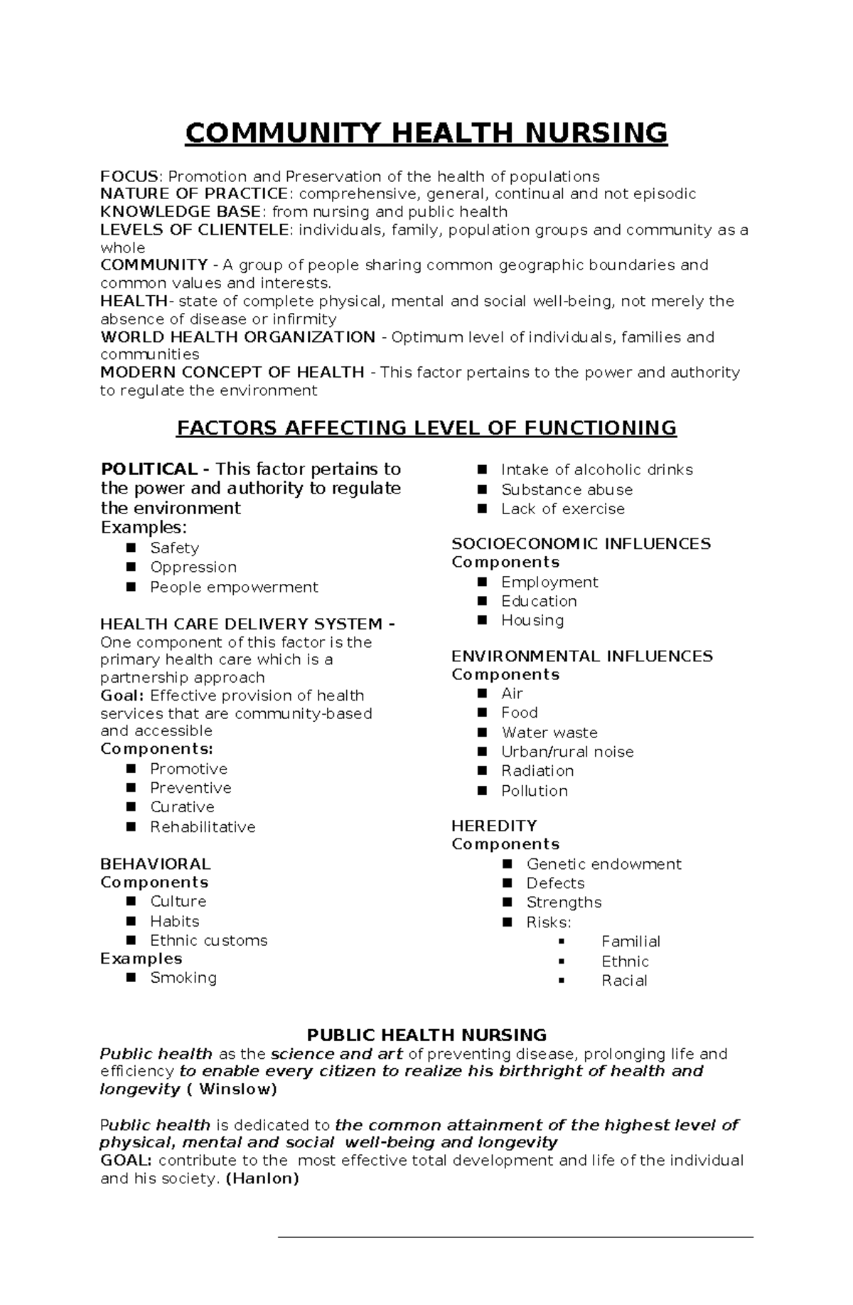 COMMUNITY HEALTH NURSING: Essential Lecture Notes for NURS 101 - Studocu
