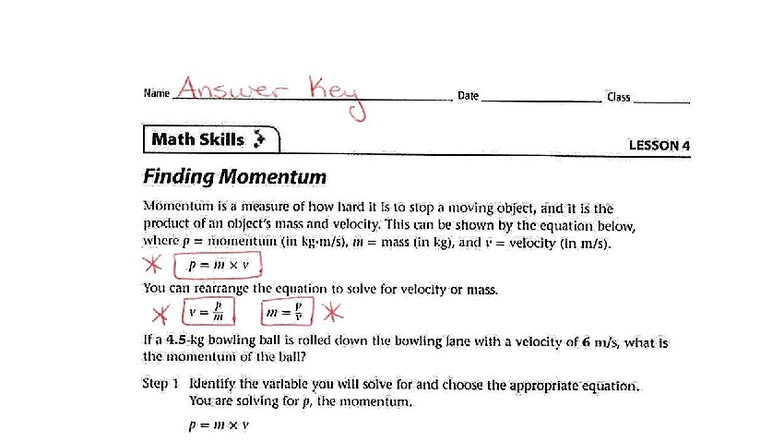 Momentum Worksheet Answer Key - Math Skills LESSON 4 - Studocu
