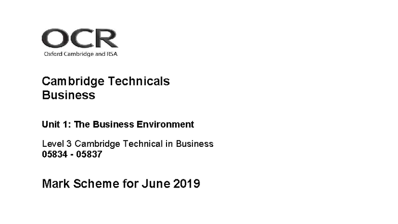 Cambridge Technicals Business Unit 1: Business Environment Level 3 Mark Scheme - Studocu