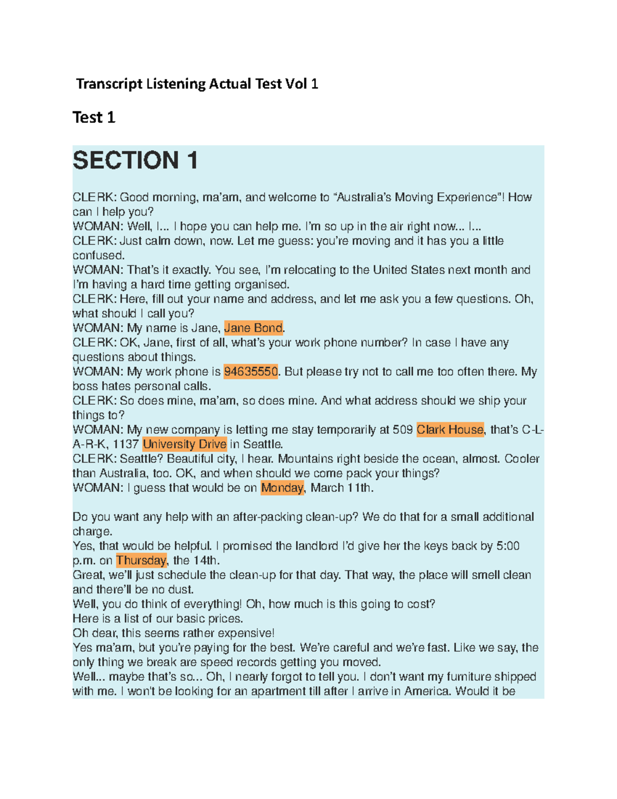 Listening Practice Test Transcript: Actual Test Volume 1 - Studocu