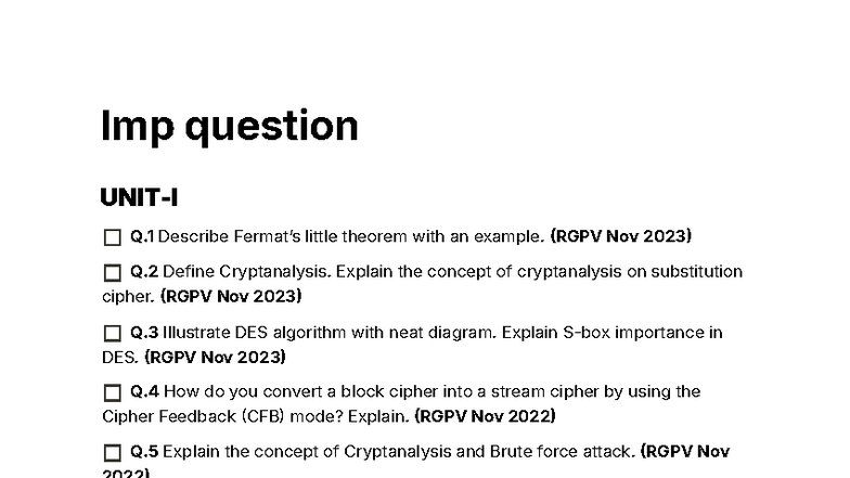 Important Questions on Cryptography Concepts (RGPV Nov 2023) - Studocu