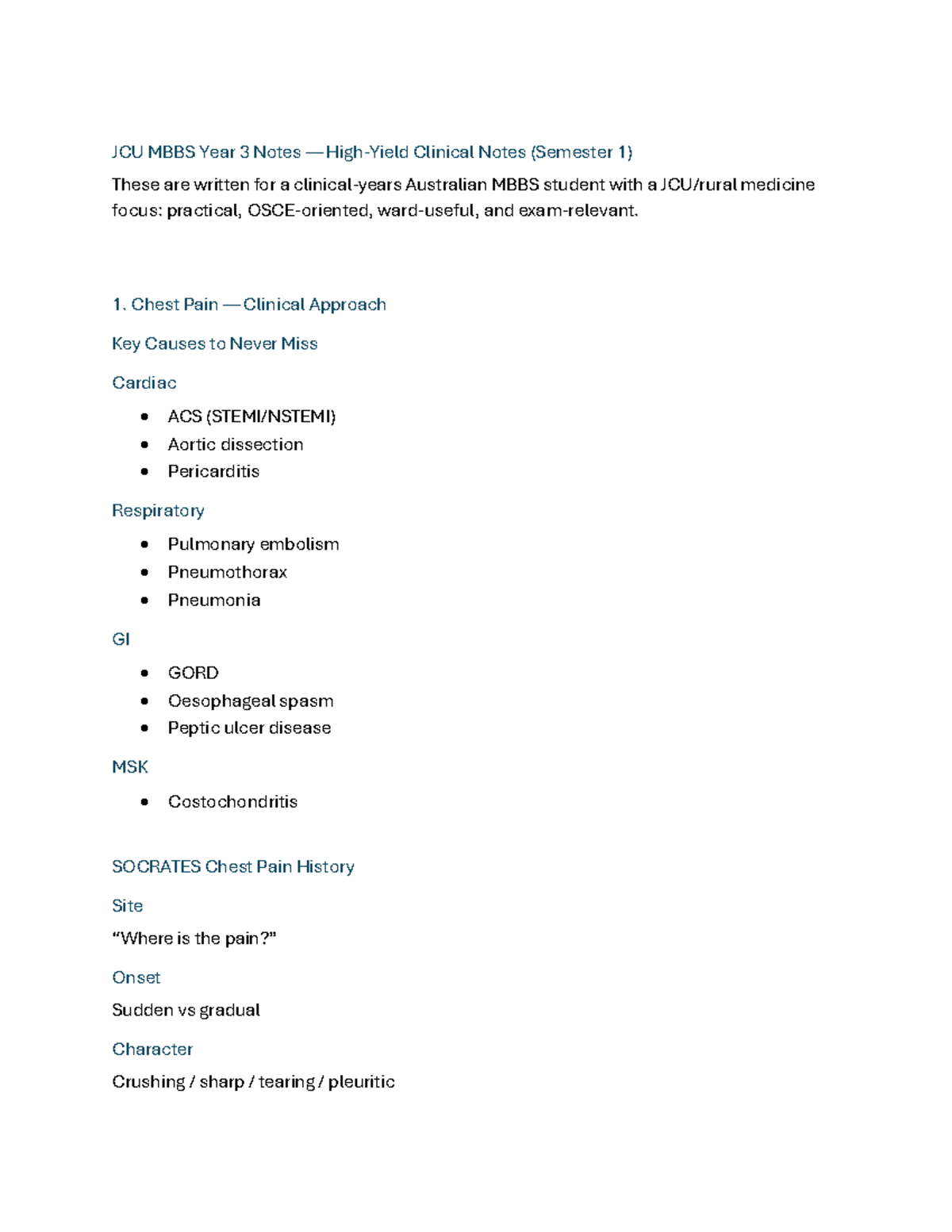 JCU MBBS Year 3 Clinical Notes: Chest Pain & Emergency Frameworks - Studocu