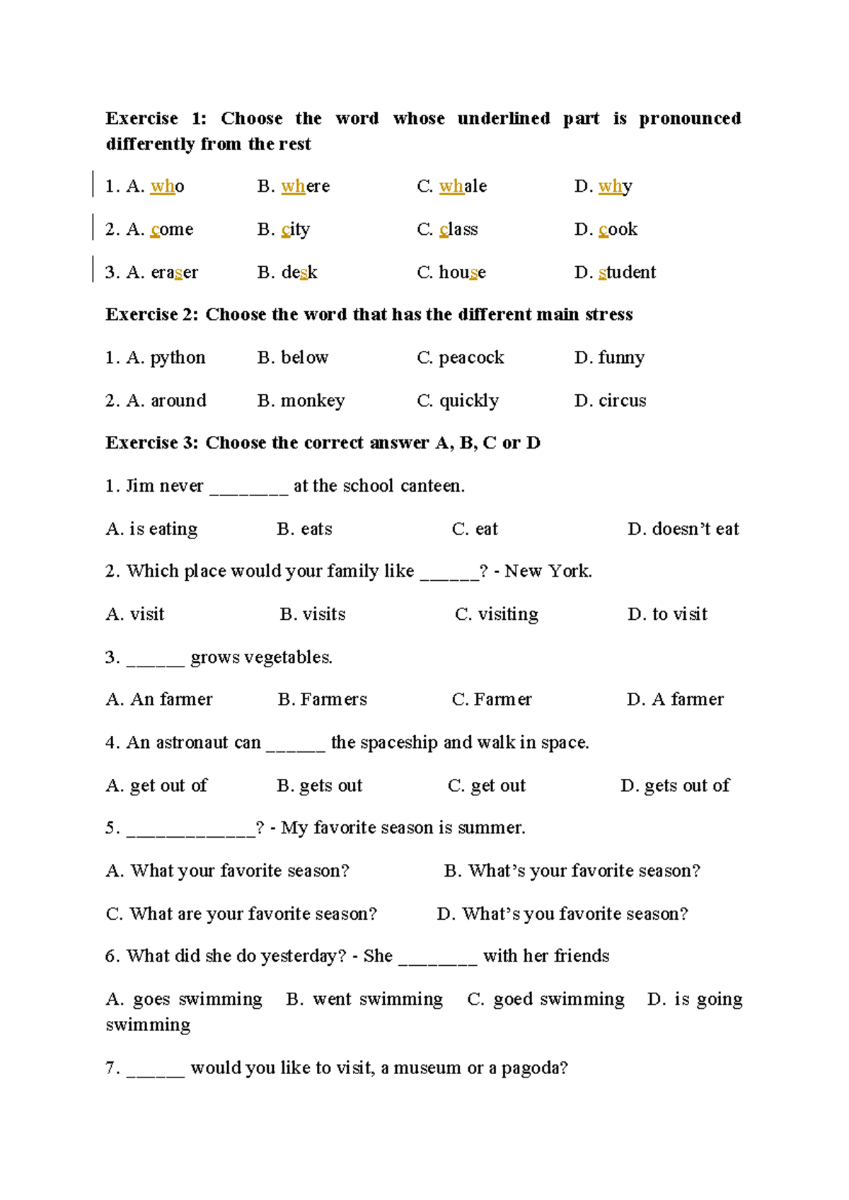 Exercise 1: Pronunciation and Stress Practice for ESL Students - Studocu