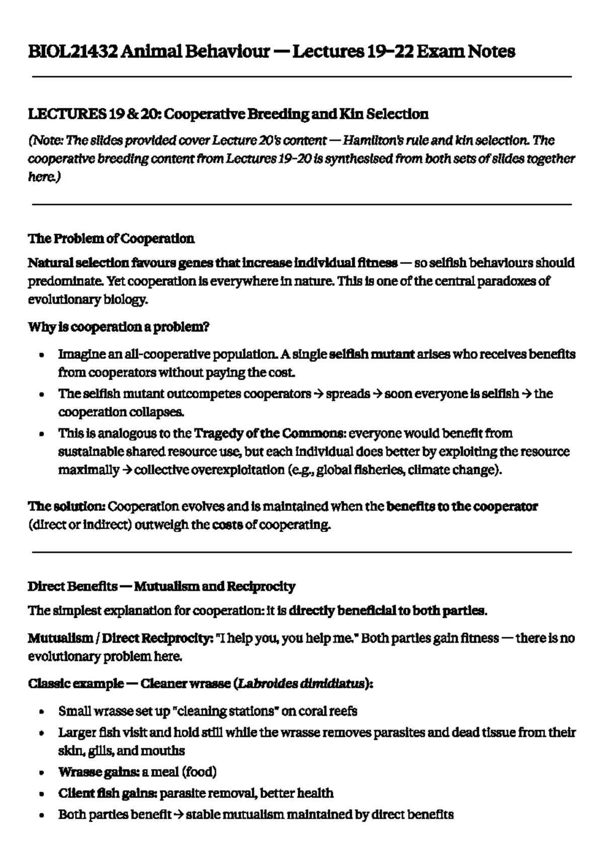 BIOL21432 Animal Behaviour Exam Notes: Lectures 19-22 Summary - Studocu