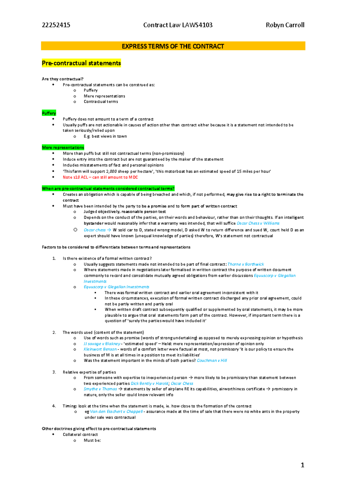 Contract Law Exam Notes - Full Set of Key Concepts & Cases - Studocu