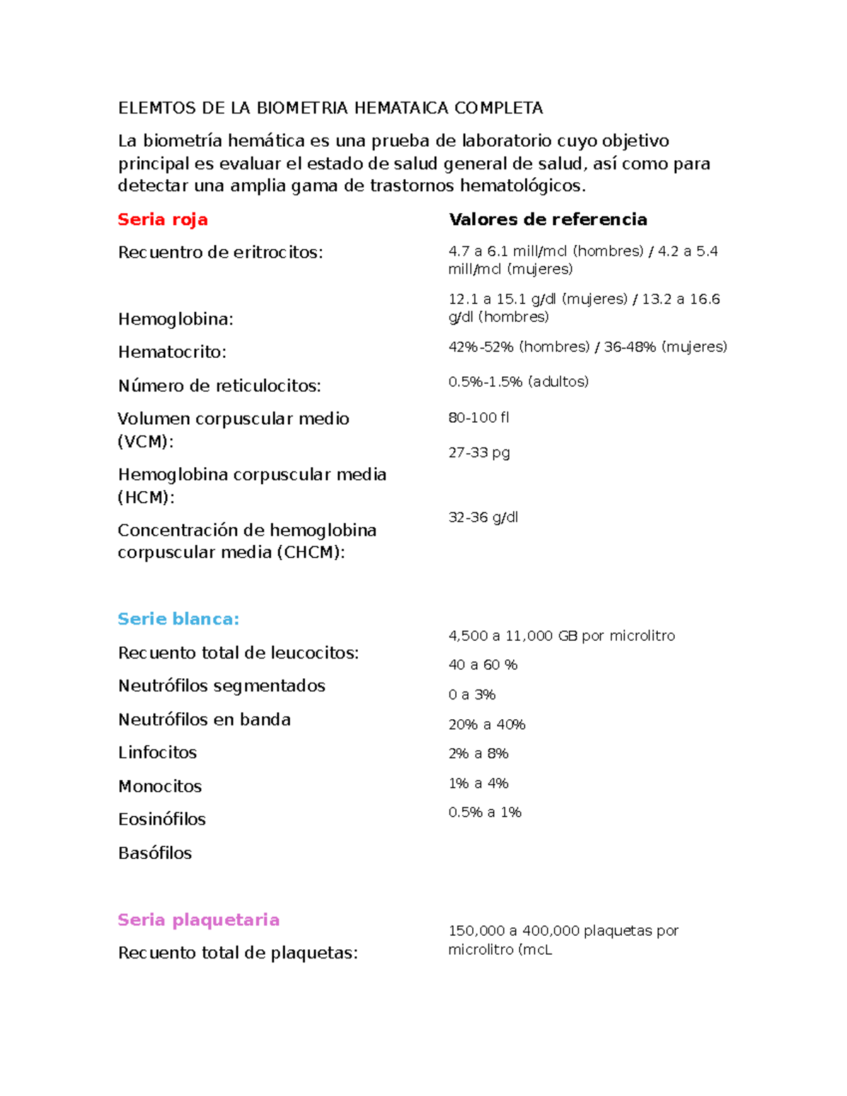 ELEMTOS DE LA BIOMETRIA HEMATICA - Citometría Hemática - Studocu