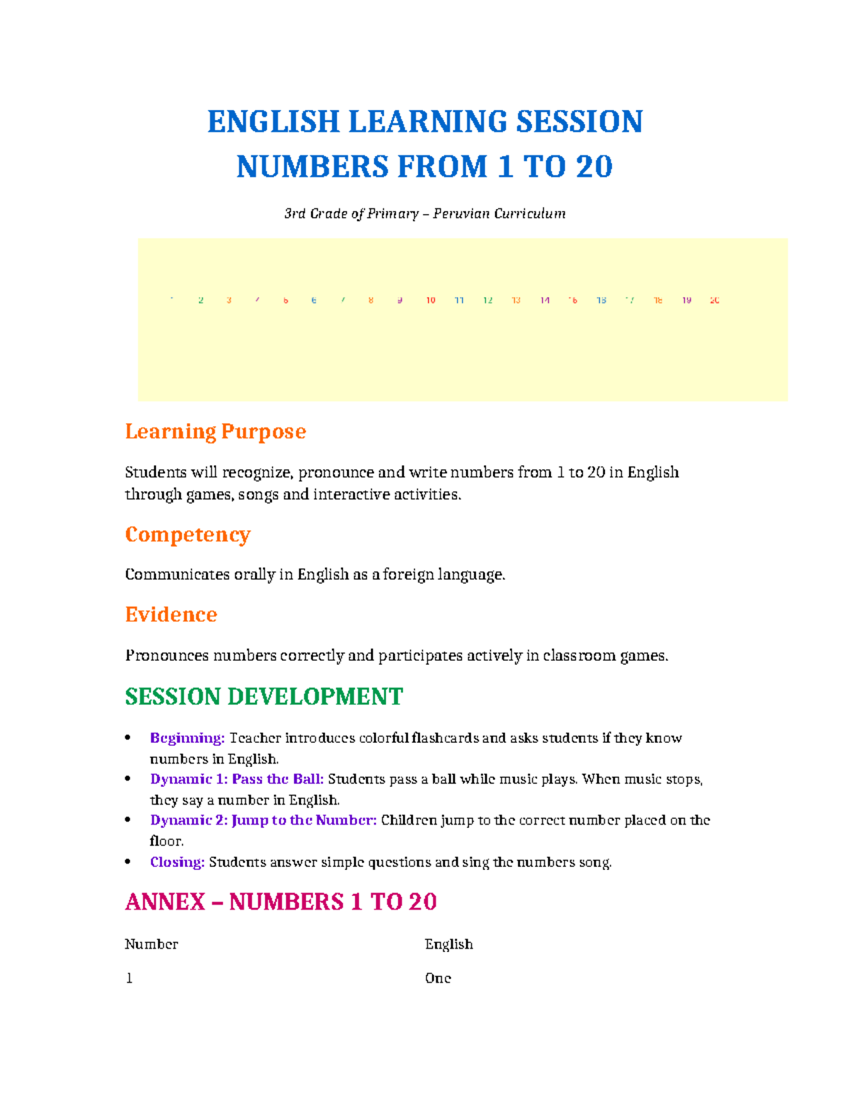 3rd Grade English Learning Session: Numbers 1 to 20 Activities - Studocu