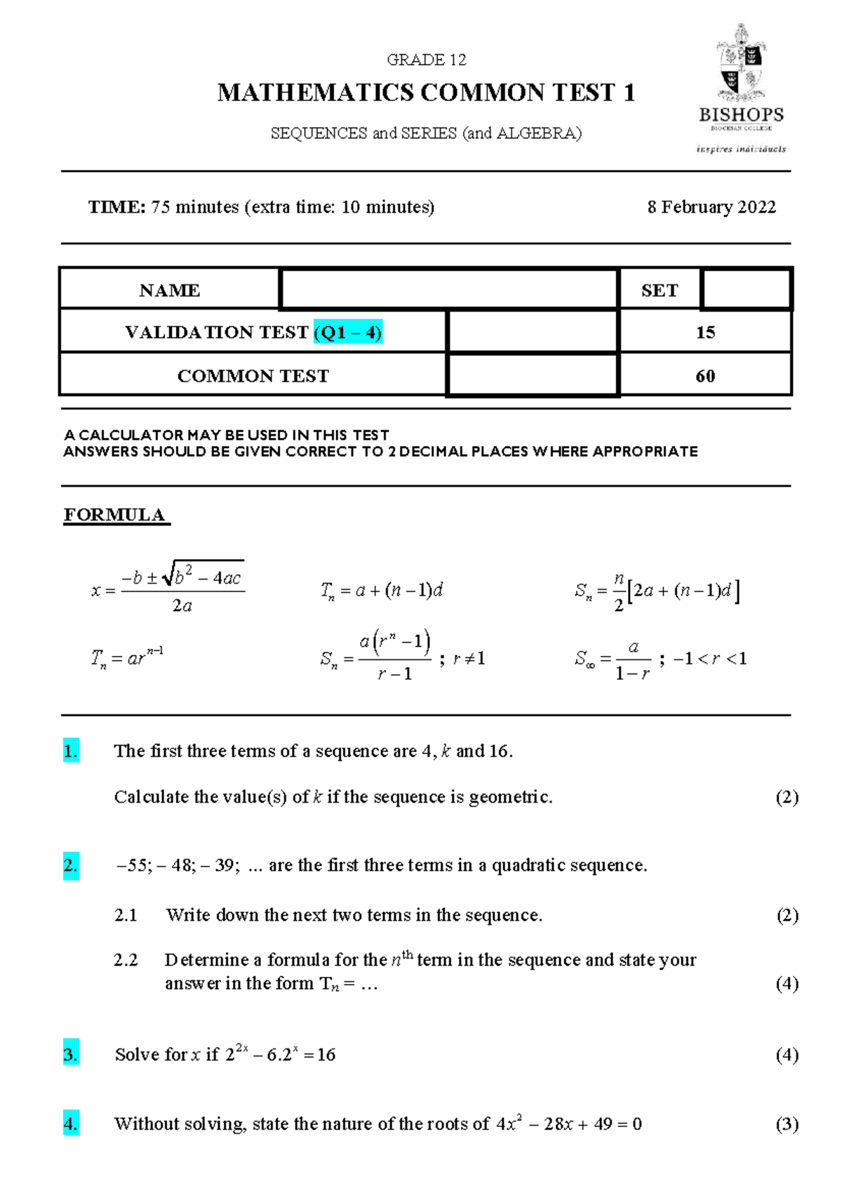 G12CT Common Test 1: Sequences, Series & Algebra - Feb 2022 - Studocu