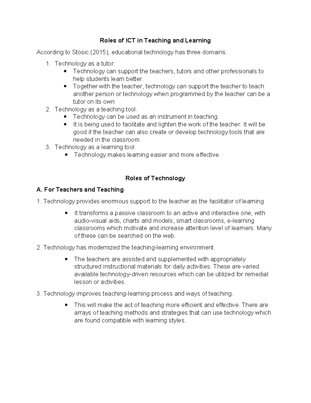 Roles of ICT in Teaching and Learning: Insights from Stosic (2015 ...