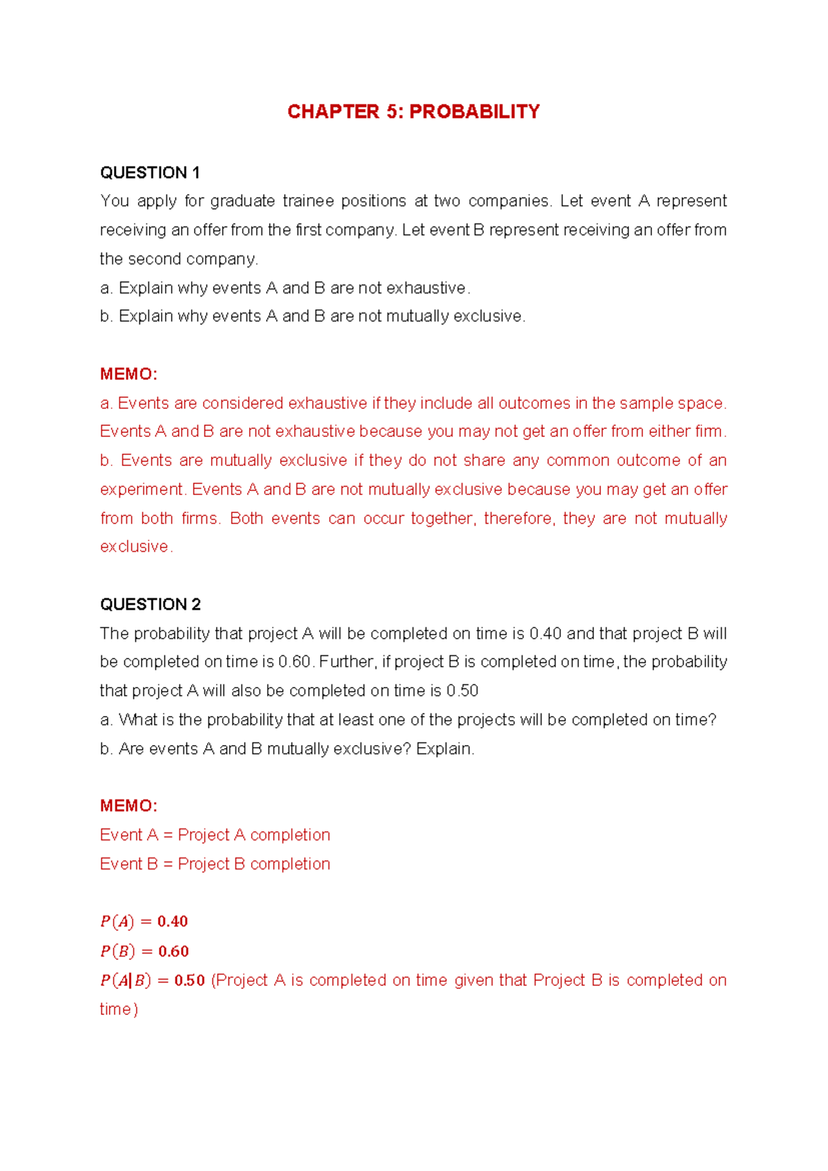 CHAPTER 5: PROBABILITY QUESTIONS AND MEMO - Studocu
